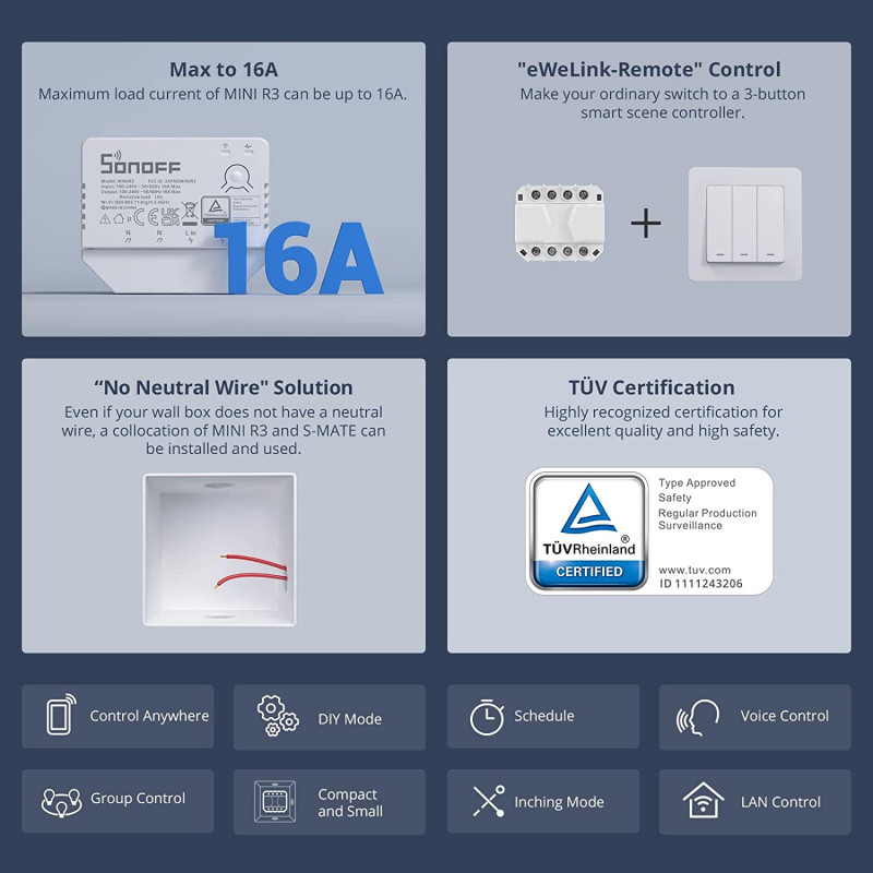Sonoff mini R3 16A Wifi Bluetooth Smart Switch Work with Alexa Google ...