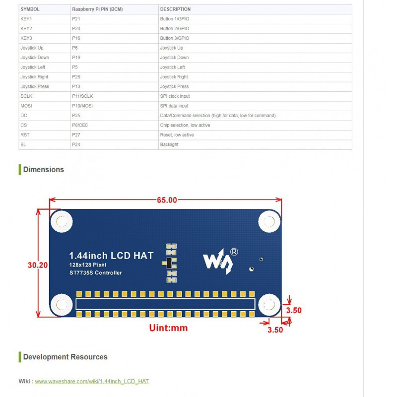 Waveshare 128×128, 1.44inch LCD display HAT for Raspberry Pi buy online ...