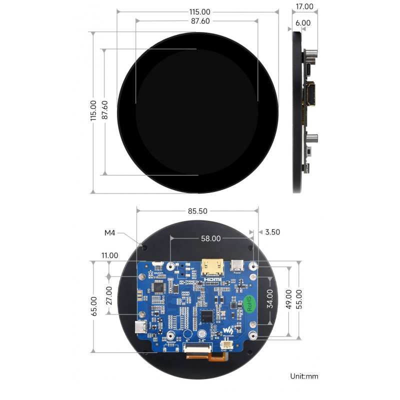 Waveshare 3.4inch HDMI Round Touch Display, 800 800, IPS, 10-Point Touch, Round LCD, Optical ...