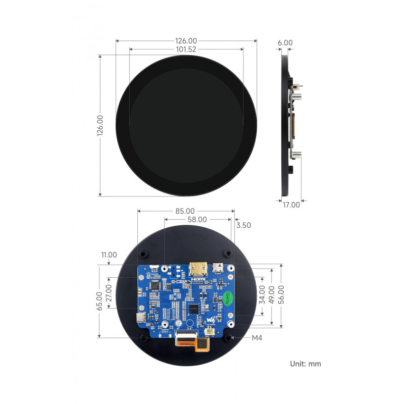 Waveshare 4inch HDMI Round Touch Display, 720 720, IPS, 10-Point Touch, Round LCD, Optical ...
